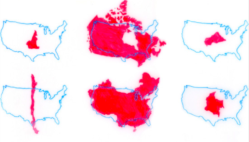 Maps show the size of the US compared to 127 other countries
